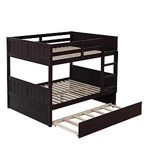 RUNWON Solid Wood Full Over Full Bunk Bed with Trundle and Ladder for Kids Adults Bedroom,Can be Split into Two Separate Beds