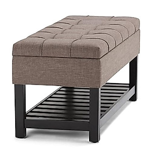 SIMPLIHOME Saxon 43 Inch Wide Transitional Rectangle Storage Ottoman Bench in Fawn Brown Linen Look Fabric, For the Living Room and Bedroom
