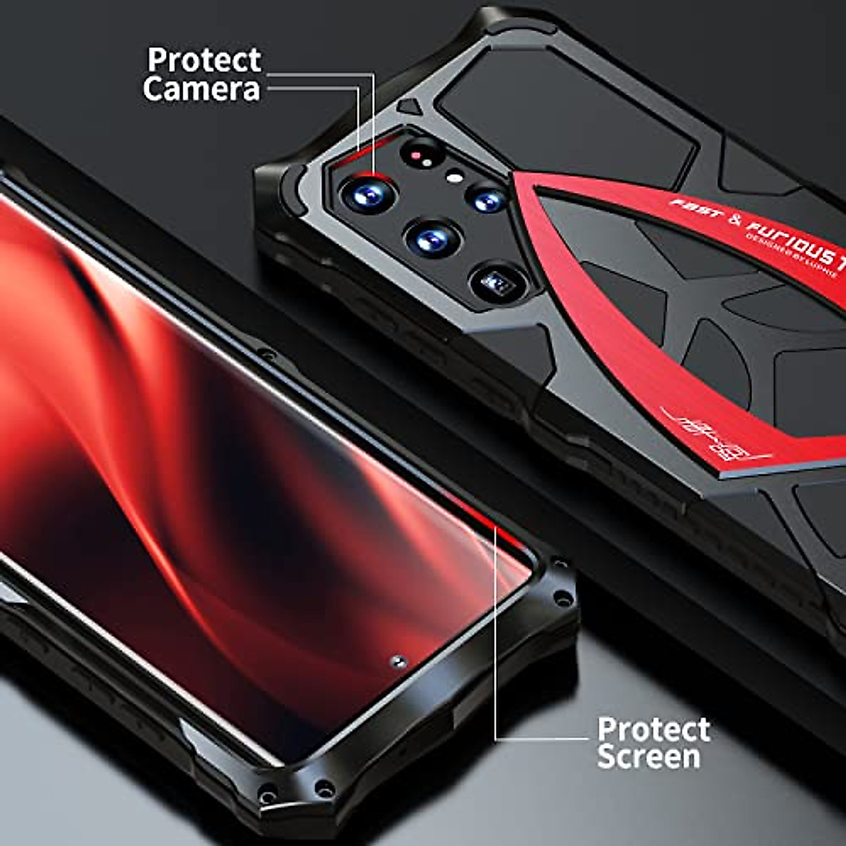 for Samsung S23 Ultra case Metal Hard Armor Compatible with Galaxy S23 Ultra 5G 2023 Phone case Cover case para Screw with Camera Protection Heavy Duty metalicas Military Grade (Black red)
