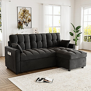 Wrofly 2 in 1 Convertible L-Shaped Sectional Sofa with Pullout Bed, 70.8" Velvet Sleeper Sofa with Reversible Storage Chaise, Modern Pull Out Couch for Living Room Bedroom Small Space, Black