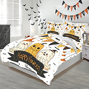 DiuuDi Halloween Duvet Cover King Size 3D Printed White Background Duvet Cover Set Halloween Pumpkin Ghost Spider Web Festival Gift Comforter Cover Cozy Quilt Cover with 2 Pillowcases