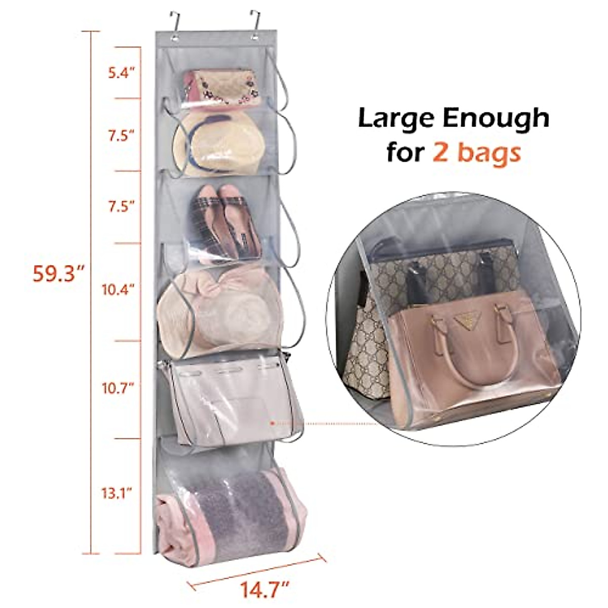 KIMBORA Handbag Organizer Storage Purse Bag Hanger with 6 Easy Access Deep Pockets 2 Packs for Closet Wall, Gray