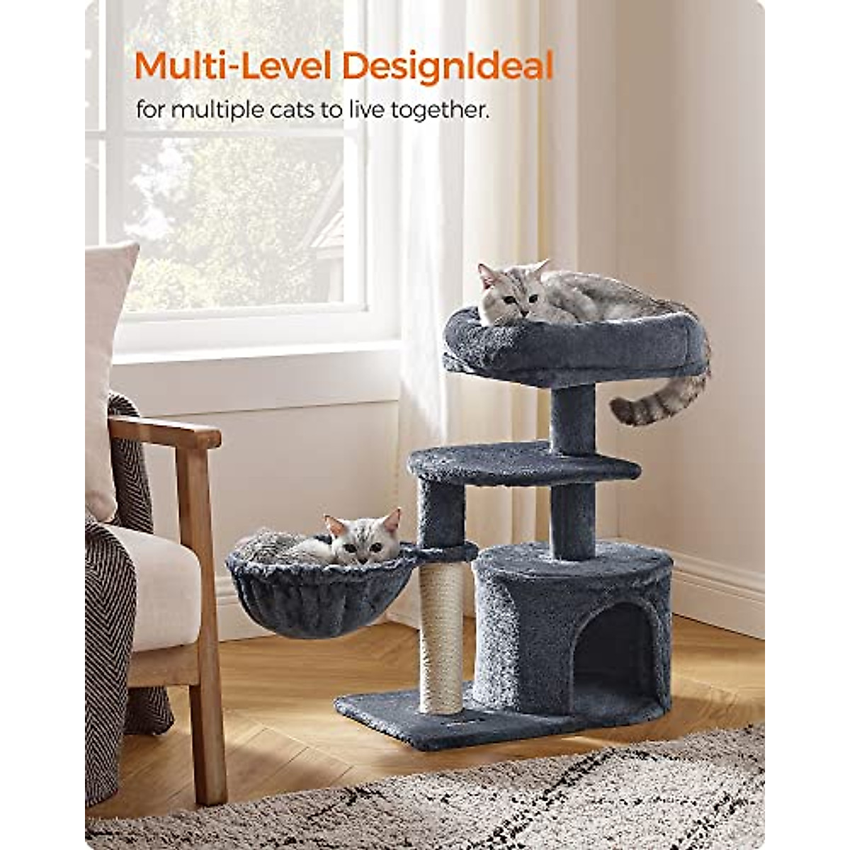 Feandrea Cat Tree, Small Cat Tower, Cat Condo, Kitten Activity Center with Scratching Post, Basket, Cave, Smoky Gray UPCT59G