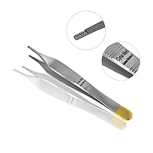 Cynamed T/C Adson Plastic Surgery Forceps 4.75" Straight Fine Point with Tungsten Carbide Inserts Surgical Veterinary Instruments with Gold Handle (9X9 Teeth, Adson Brown Forceps, TC)