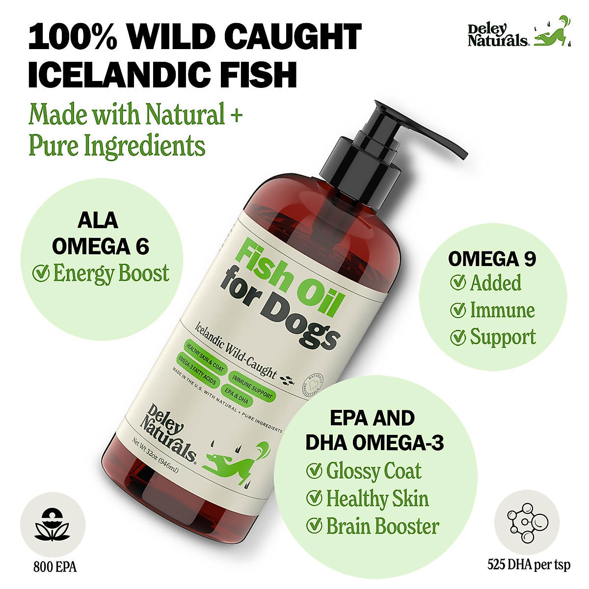 Deley Naturals Probiotics (120 Chews) + Wild Caught Fish Oil (32 oz) for Dogs - Omega 3-6-9, GMO Free - Made in USA