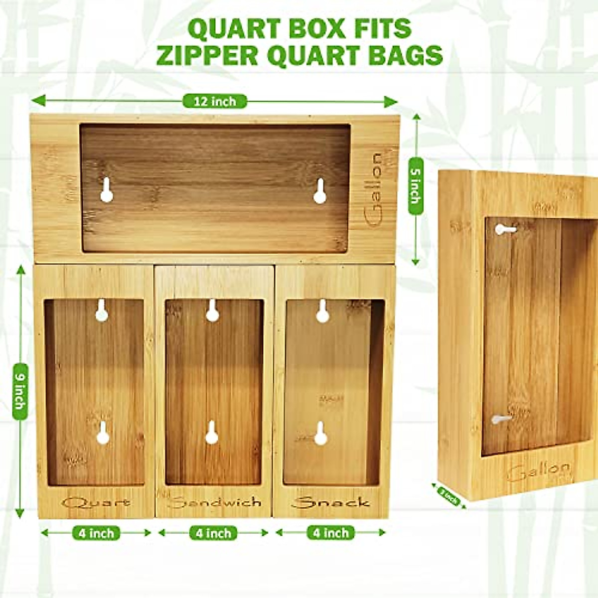 GreenSpace Bamboo Food Storage Bag Organizer (4 box set) for Kitchen Counter, Drawer, or Wall Mounted - Compatible With Gallon, Quart, Sandwich & Snack Bags