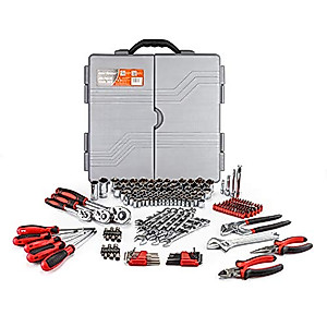 CARTMAN 205 Piece Tool Set Ratchet Wrench with Sockets Kit in Plastic Toolbox Red
