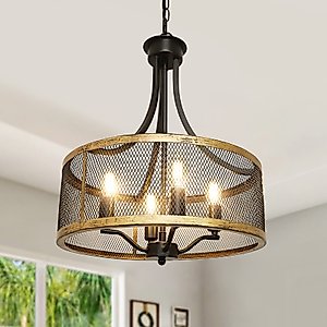 DLLT 4-Light Farmhouse Chandelier, 16" Industrial Pendant Lighting, Drum Hanging Light Fixture with Antique Gold and Matte Black Finished for Dining Room Kitchen Living Room, Height Adjustable