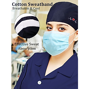 SATINIOR Womens 5 Pieces Bouffant Buttons Sweatband Adjustable Tie Back Cap, Navy Blue, Medium