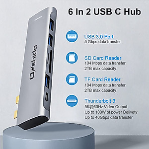 USB C HUB 6 in 2 Type C Docking Station with Thunderbolt 3 Port, 3 USB 3.0, SD TF Card Reader, Onshida USB C Adapter Compatible with MacBook Pro Air 2020/2019/2018/2017/2016(6 in 2)