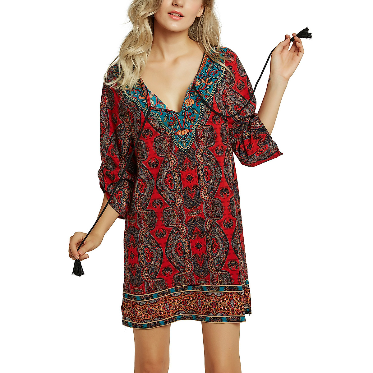 Women Bohemian Neck Tie Vintage Printed Ethnic Style Summer Shift Dress (2XL, Pattern 15)