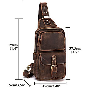 Le'aokuu Outdoor Casual Travel Hiking Tea Crossbody Chest Sling Bag Rig One Shoulder Strap Bag Backpack For Men Male Real Leather 1315 (A Brown)