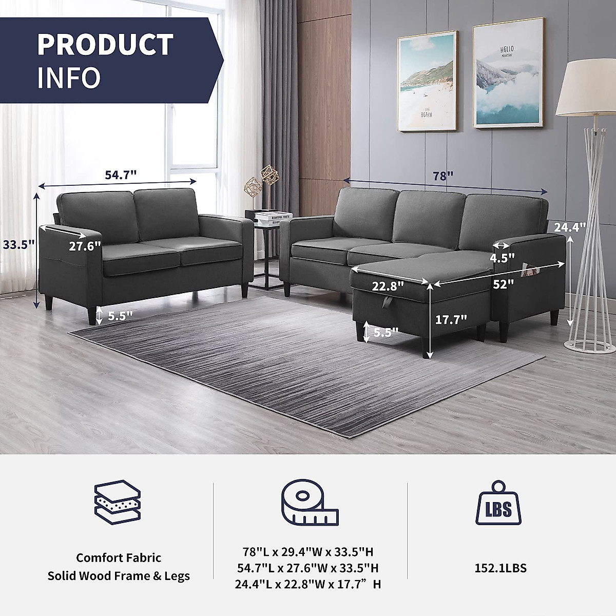 ZAFLY Convertible Sectional Sofa Couches,3 Pcs Couches Set with Storage Ottoman for Living Room,Modular L Shape and Loveseat Sets Including 3 Seat Sofa,Ottoman Loveseat,Dark Grey