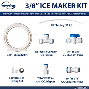 iSpring ICEK3 3/8" Tubing Water Line Splitter and Reverse Osmosis Refrigerator Ice Maker Kit, Fits PH100, RO100, US15 Series, 20 feet, Everything Included for Installation