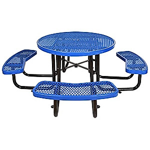 HONOOR Expanded Metal Picnic Table for Outdoors Lifetime Picnic Table with Umbrella Hole,Heavy Duty Sturdy Commercial Picnic Tables for Garden Courtyard BBQ, Round 46 inch Blue (ASW333)