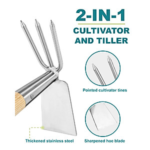 Hoe and Cultivator Garden Rake Hand Tiller Tool Wood Handle Double Sided Cultivator Versatile Tool for Digging,Loosening Soil,Weeding,Breaking Up Soil,Cultivating,Preparing Seedbeds Combination Garden
