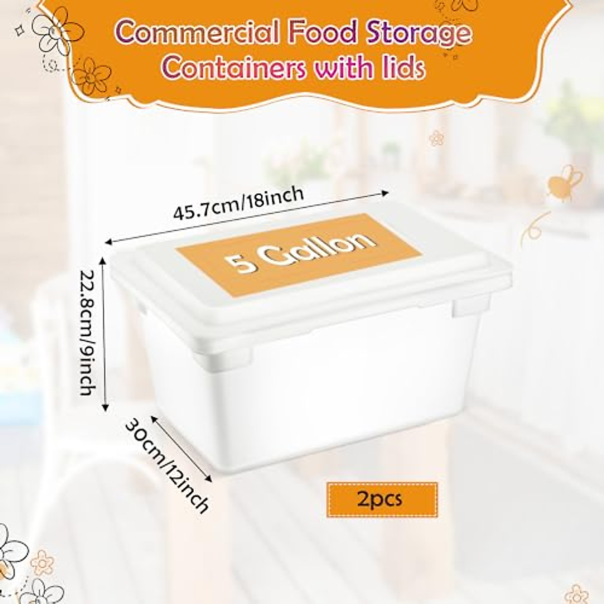 Barydat 2 Pack Food Storage Box Tote, Freezer and Dishwasher Safe Commercial Food Storage Containers Bins with Lids for Fruits Vegetables Grains Home Organization, White(5 Gallon)