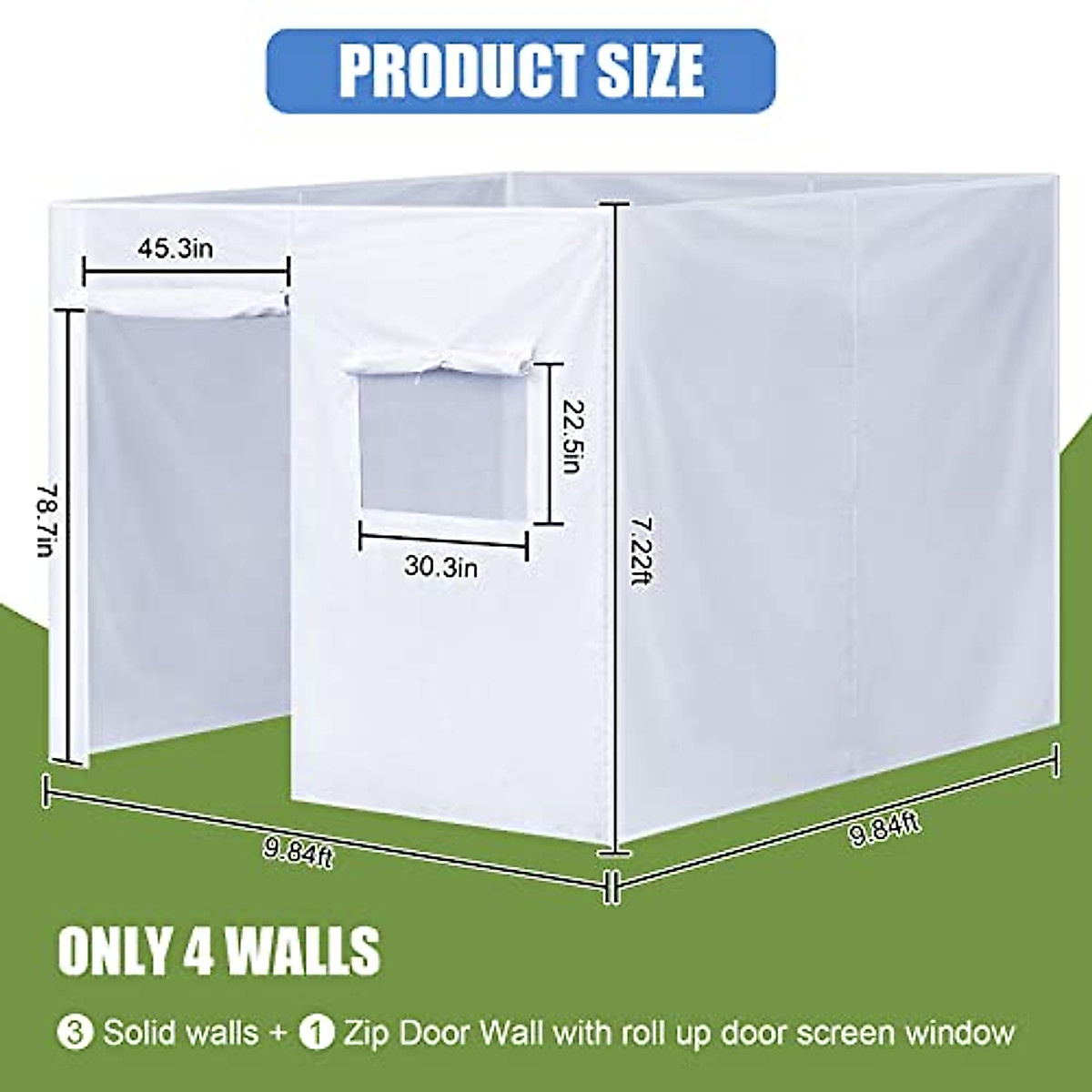 Kinlop 4 Pcs Full Zippered Walls for 10 x 10 Easy Pop up Canopy Enclosure Sidewall Kit with Roller up Sidewalls and Mesh Windows Canopy Sidewall Replacement 4 Walls, Not Include Frame and Top (White)