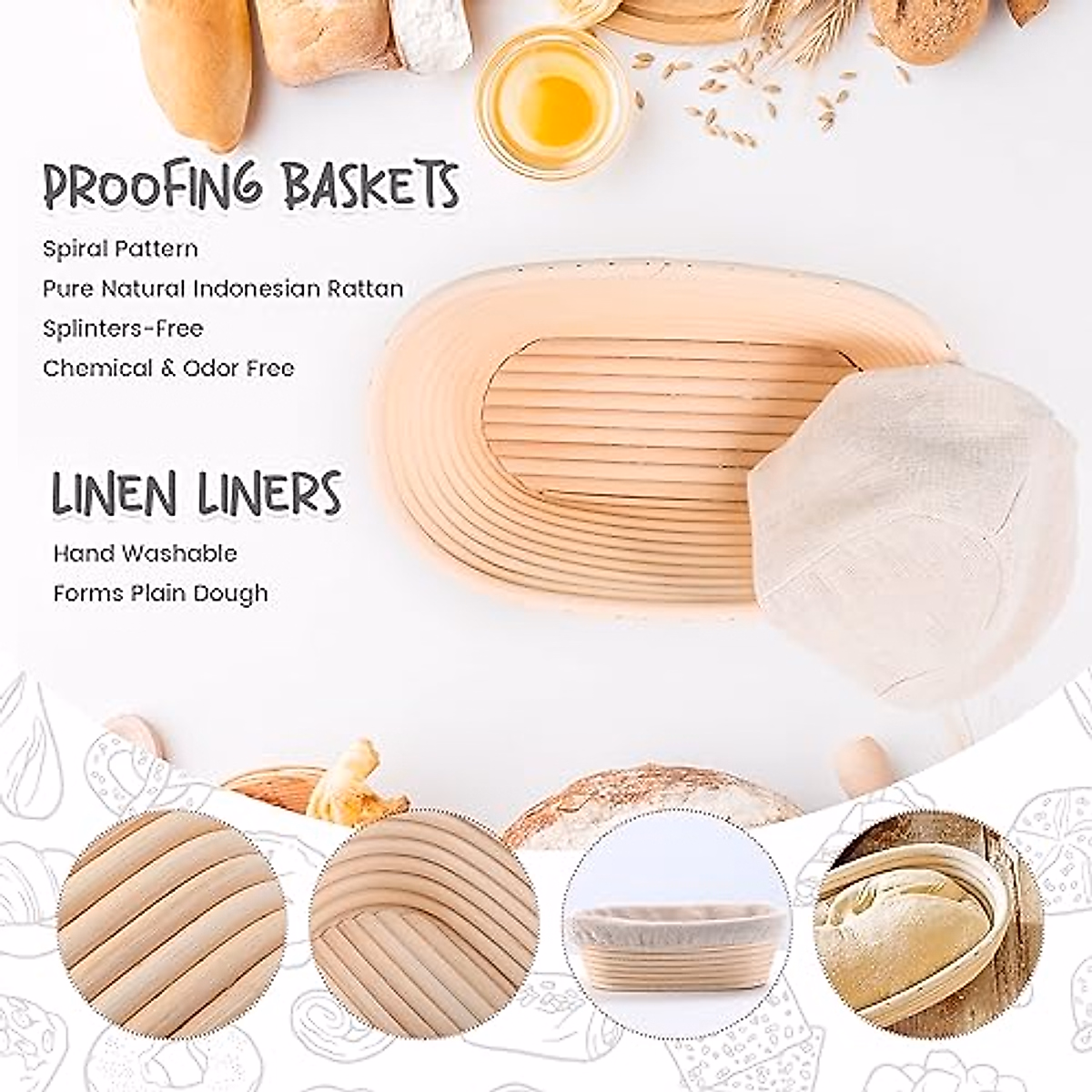 DOYOLLA Bread Proofing Baskets Set of 2, 10 inch Oval & 8.5 inch Round Dough Proofing Bowls w/Liners Perfect for Sourdough Bread Baking, Bakers Baking, Gifts for Bakers, Bread Making Kit