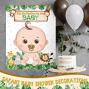 Faccito Pin the Pacifier on Baby Game Safari Jungle Baby Shower Game with Sage Green Animals Baby Poster Blindfold and 24 Pacifier Stickers for Baby Shower Birthday Party Decorations Supplies
