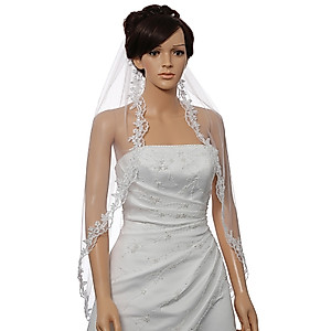 1T 1 Tier Flower Scallop Embroided Lace Pearl Veil - Ivory Fingertip Length 36" V467