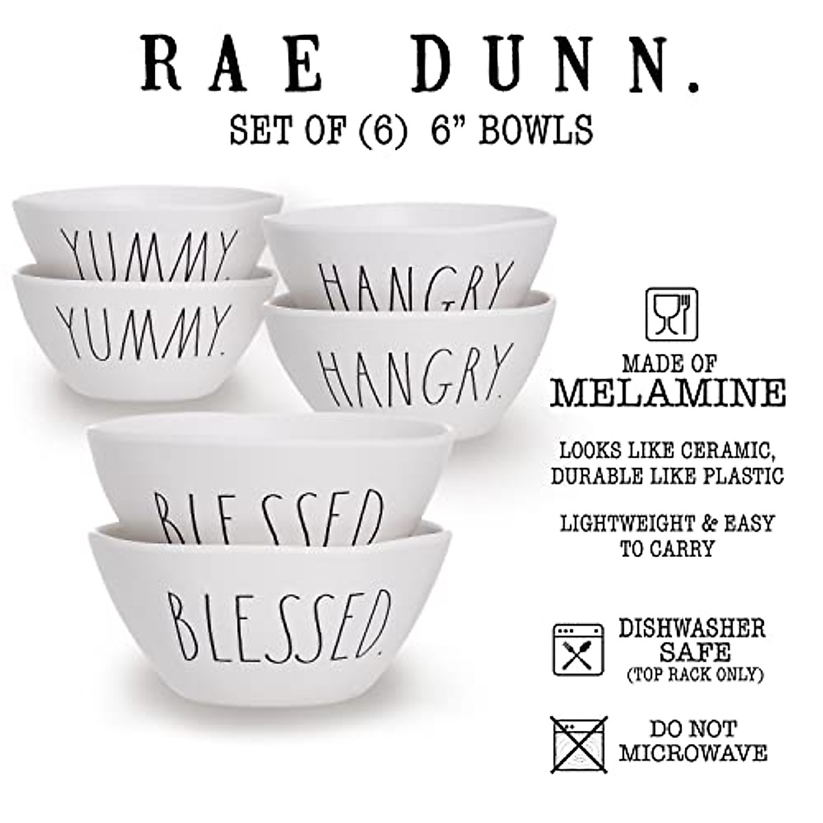Rae Dunn Melamine Bowl Sets - Durable Dishwasher Safe Dinner/Cereal Bowls Set of 6 (6 inch) Bowl Set for Soup, Cereal, Pasta, Salads