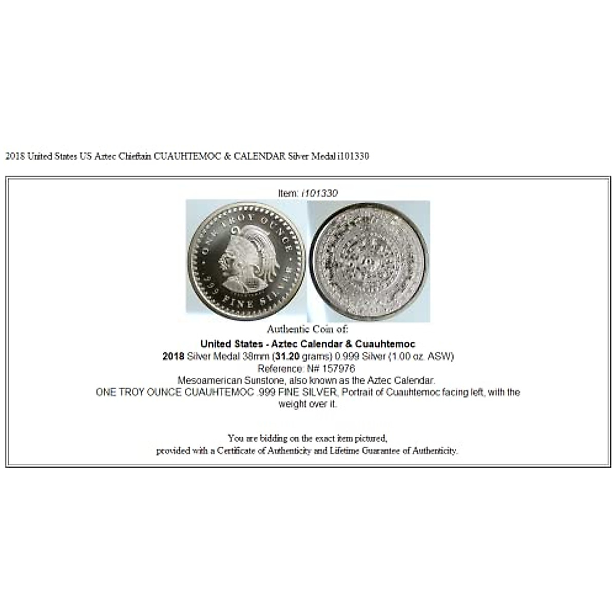 2018 2018 United States US Aztec Chieftain CUAUHTEMOC coin Good