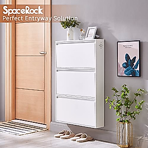 SPACEROCK 3 Drawers Shoe Storage Cabinet Wall Mounted & No-Assembly 25“ Metal Shoe Cabinet for Entryway, Hallway, and Corridor, Holds 12 Pair Shoes, White