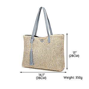 QTKJ Women Straw Summer Beach Bag Handwoven Big Tote Leather Shoulder Handbag with Tassel Decorate (Light Blue)