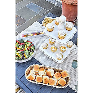 Mud Pie White Beaded Tiered Server, 20" x 13"