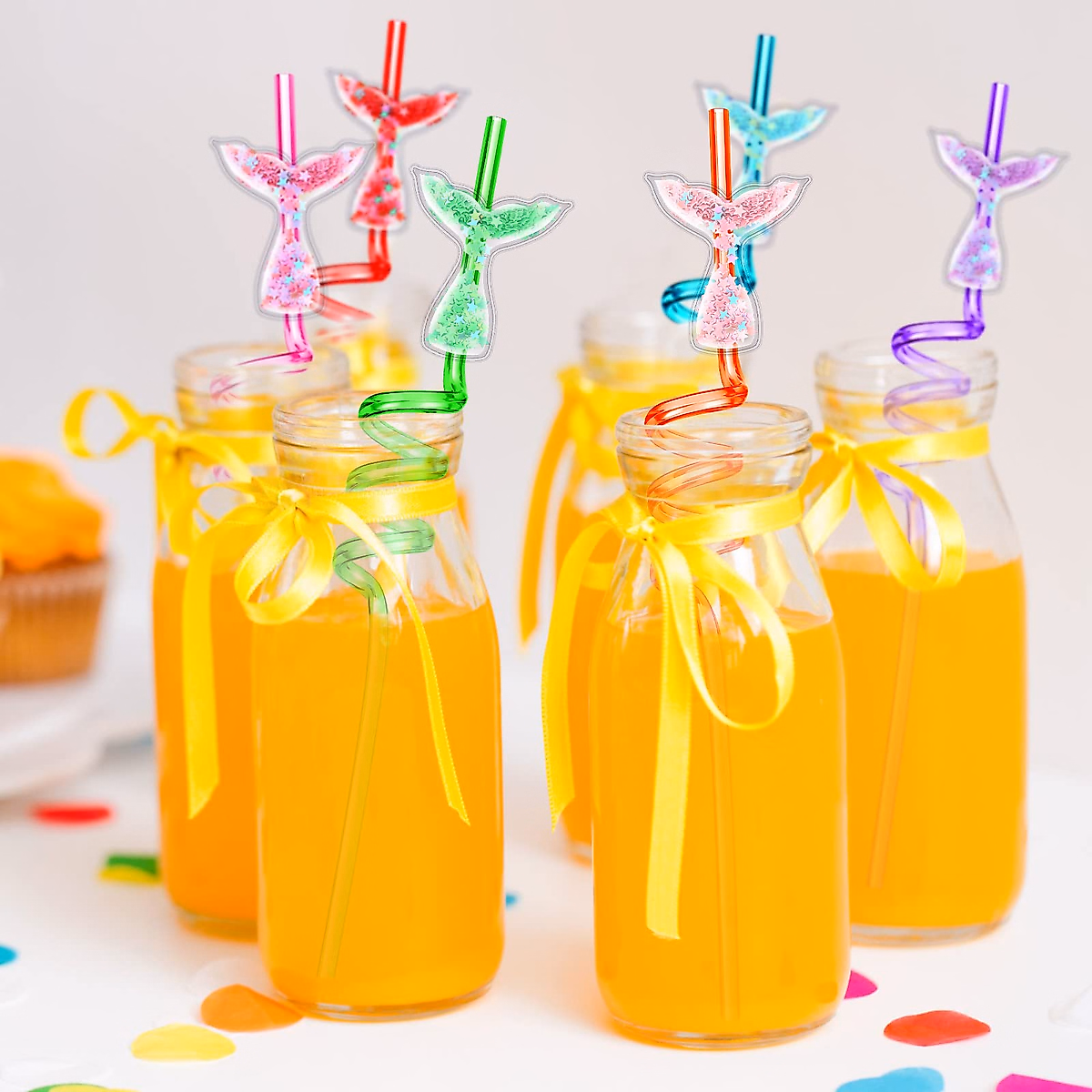 24 Pieces Mermaid Party Favors Glitter Mermaid Tail Straws Reusable Sparkly Drinking Straws for Mermaid Birthday Pool Party Supplies Decorations Gift Bag Fillers