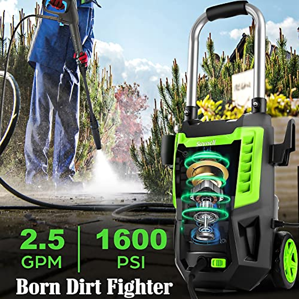 Electric Pressure Washer Power Cleaner - SY3200 Suyncll 2.5 GPM Power Washer 1800W High Pressure Car Cleaner with All-in-one Spray Nozzles, 20 Ft Hose & 35 Ft Wire, CSA Compliant, Green