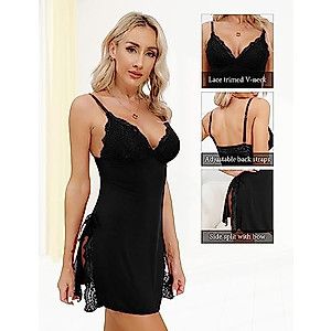 Queenfox Lingerie for Women Sexy Nightgowns Lace Modal Babydoll Chemise V-Neck Side Slit Sleepwear Soft Sleep Dress Black L