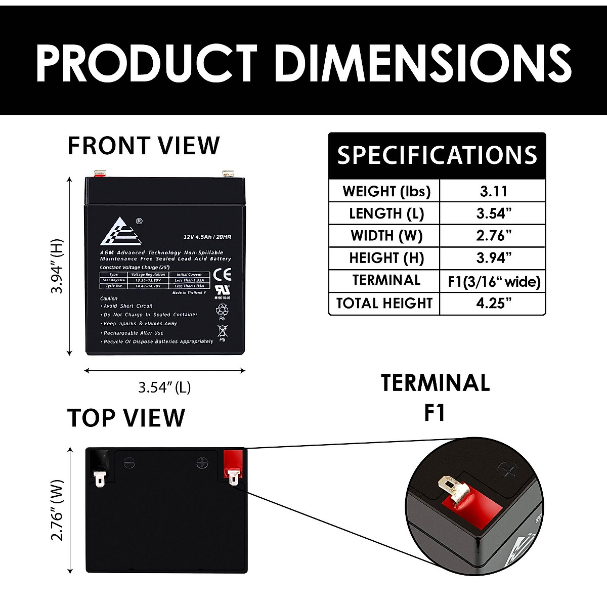 12V 4.5Ah Sealed Lead Acid Battery ECI Power