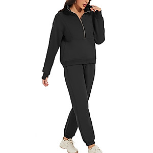 Flygo Womens Fleece 2 Piece Outfits Sweatsuit Half Zip Pullover Sweatshirt Joggers Pants Tracksuit Set (Black-M)