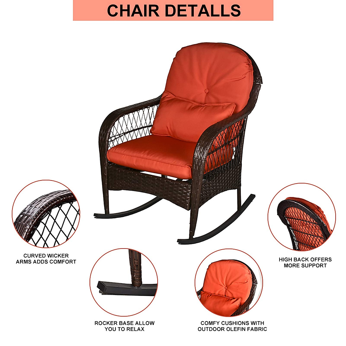 B BAIJIAWEI 2pcs Outdoor Wicker Rocking Chair All Weather Wicker Rocker Chair with Cushions for Garden Patio Yard Porch Lawn Balcony Backyard (2PCS-Brown Wicker-Orange)