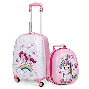 Goplus 2PC Kids Luggage, 12" & 16" Kids Carry On Luggage Set with 4 Spinner Wheels, Lightweight Rolling Spinner Suitcase for Children Toddlers Boys and Girls Travel (Unicorn)