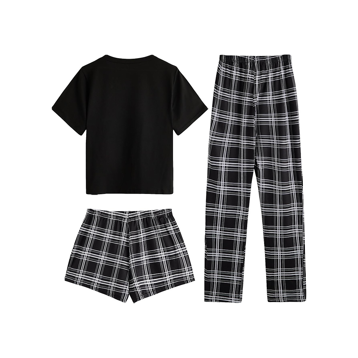 Verdusa Women's 3 Piece Plaid Print Pajama Sets Tee Top and Shorts Pants Pj Set Black X-Small
