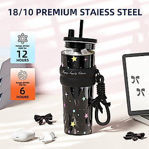 SDGA+ 24 oz Stainless Steel tumbler with Lid and Straw Leak Proof, Cute Travel Coffee Mug for Hot and Cold, Insulated Thermal Water Bottle Resuable Cute Portable Cup for Women, Blcak Star