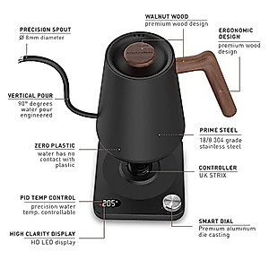 Electric Gooseneck Pour Over Kettle: KitchenBoss 1 Liter Temperature Control Coffee Kettles, 1350W Quickly Heating and Keep Warm Settings Stainless Steel Walnut Handle with Mute Mode (Charcoal Black)