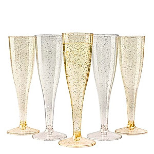 MATANA 120 Silver & Gold Glitter Plastic Champagne Flutes, 5 Oz Plastic Champagne Glasses for Parties, Clear Plastic Toasting Glasses, Mimosa Glasses, Wedding Party Cocktail Cups, Reusable | Bulk Pack