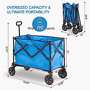 Sunjoy Collapsible Wagon with 255L Large Capacity, Utility Foldable Wagon Cart, Heavy Duty Beach Wagon with Big Wheels, Portable Garden Cart for Camping Fishing Sports Shopping, Blue