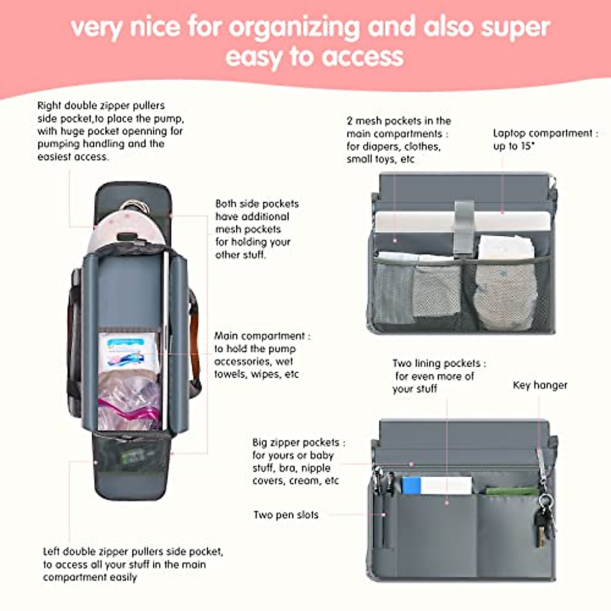 DERJUNSTAR Breast Pump Bag - Perfect Pump Bag for Working Moms,Compatible with Spectra S1, S2, Doubles as Lunch Bag, with10 Pcs Reusable Ice Packs,Dark Grey