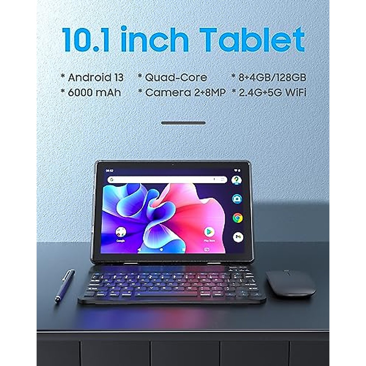 BYANDBY Android 13 Tablet 10 Inch，2 in 1 Tablet with Keyboard 12GB+128GB+512GB Expandable 5G WiFi 6,IPS Touch, Dual Camera Computer Tablets with Case (Black)
