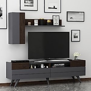 HOMIDEA Moon TV Stand -TV Lowboard – Wall Unit Set – TV Board – Cabinet with Two Doors and Wall Shelf in Modern Design (Anthracite/Walnut)