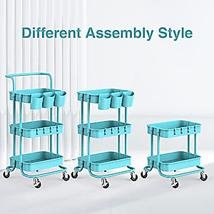 alvorog 3-Tier Rolling Utility Cart Storage Shelves Multifunction Storage Trolley Service Cart with Mesh Basket Handles and Wheels Easy Assembly for Bathroom, Kitchen, Office (Blue)