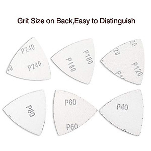 Coceca 100pcs Triangle Sanding Pads Sandpaper Hook and Loop Sanding Sheet for Wood Fit 3-1/8 Inches Oscillating Multi Tool, 40/60/80120/180/240 Grit