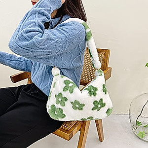 Fluffy Tote Bag Y2K Green Flower Plush Underarm Bag for Women Furry Shoulder Bag Faux Fur Tote Purse for Autumn Winter