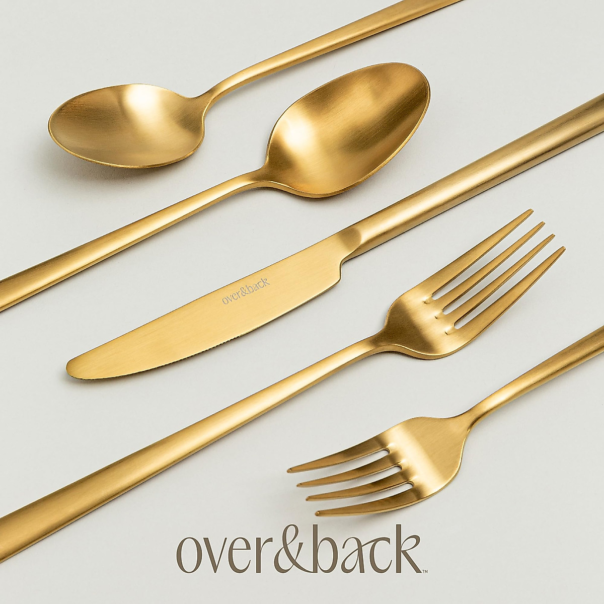 over&back 20pc Modern Flatware Cutlery Set - Comes with 4 Dinner Forks, 4 Salad Forks, 4 Dinner Knives, 4 Dinner Spoons, and 4 Teaspoons - 18/8 Stainless Steel - Dishwasher-Safe - Matte Gold