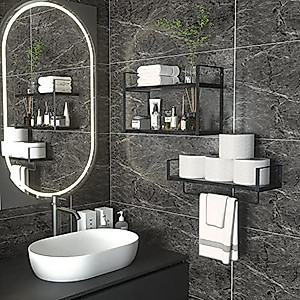 ZGO 2+1 Tier Floating Shelves Wall Mounted Set of 2, Rustic Wood Wall Shelves with Metal Frame Tissue Rack and Towel Bar for Bedroom, Bathroom, Living Room, Kitchen, Storage & Decoration, Black